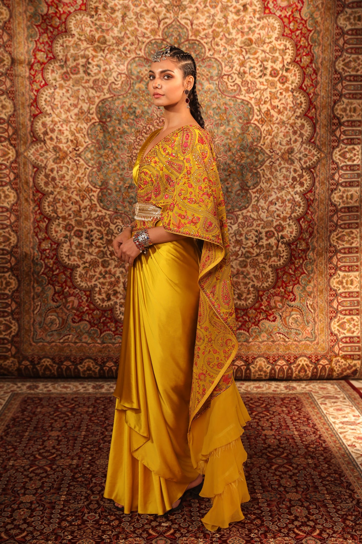 Shop Mustard Kashida Embroidered Draped Saree | Aditi Gupta