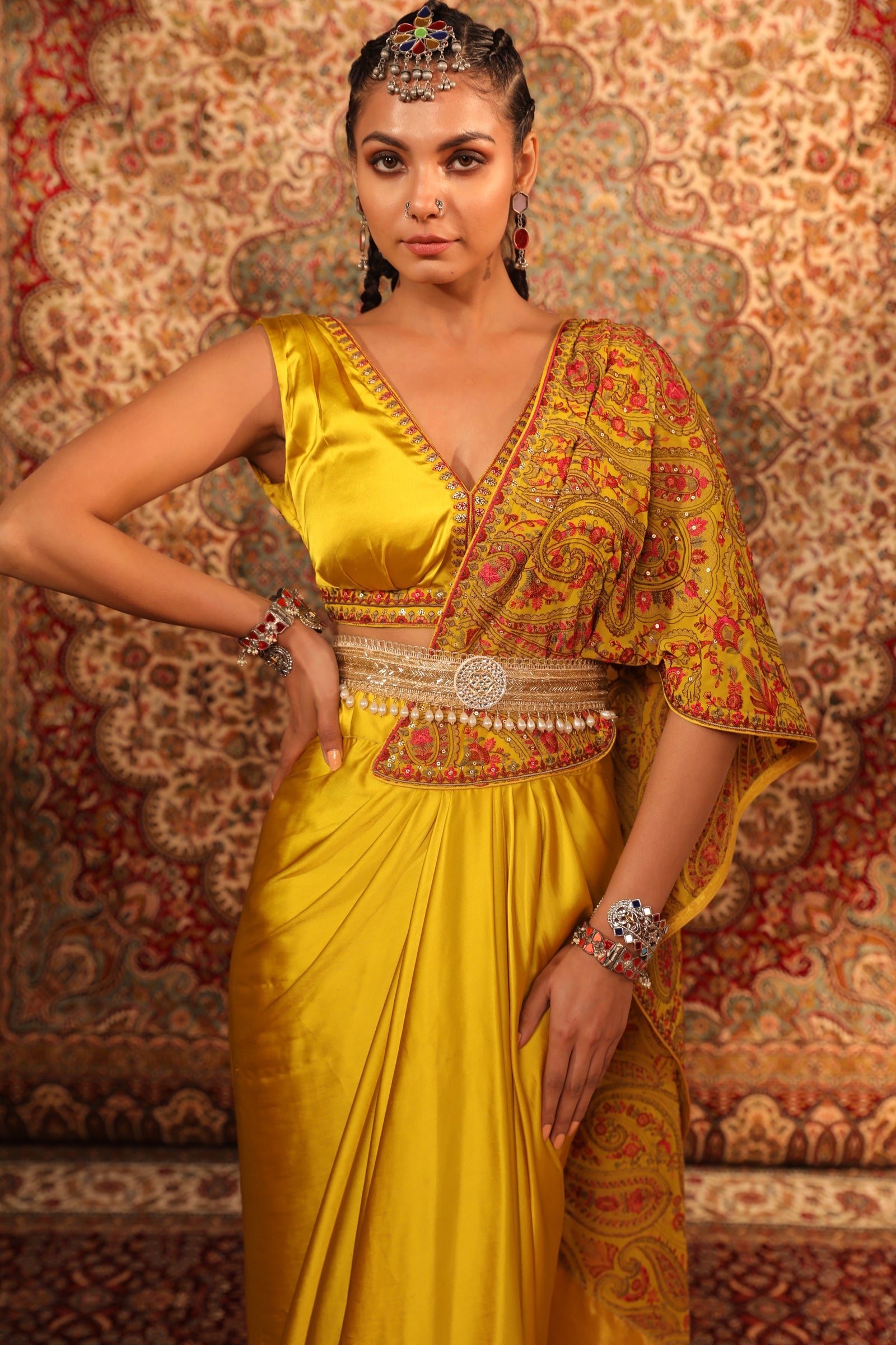 Shop Mustard Kashida Embroidered Draped Saree | Aditi Gupta