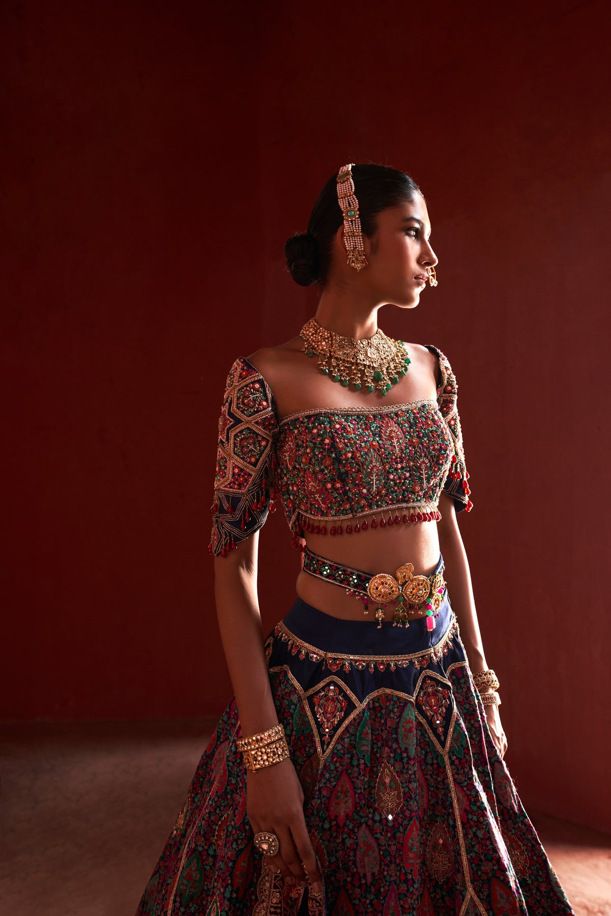 Womens Coral Jamawar Embroidered Lehenga Set Aditi Gupta