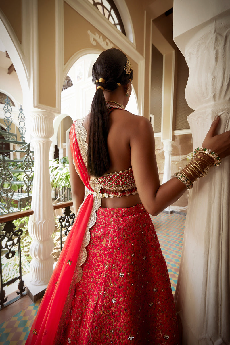 Buy Women's Red Jamawar Embroidered Lehenga Set | Aditi Gupta