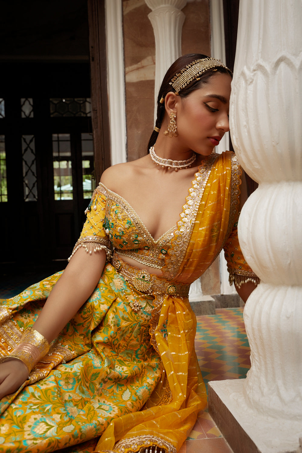 Buy Womens Yellow Floral Jamawar Lehenga Set Aditi Gupta